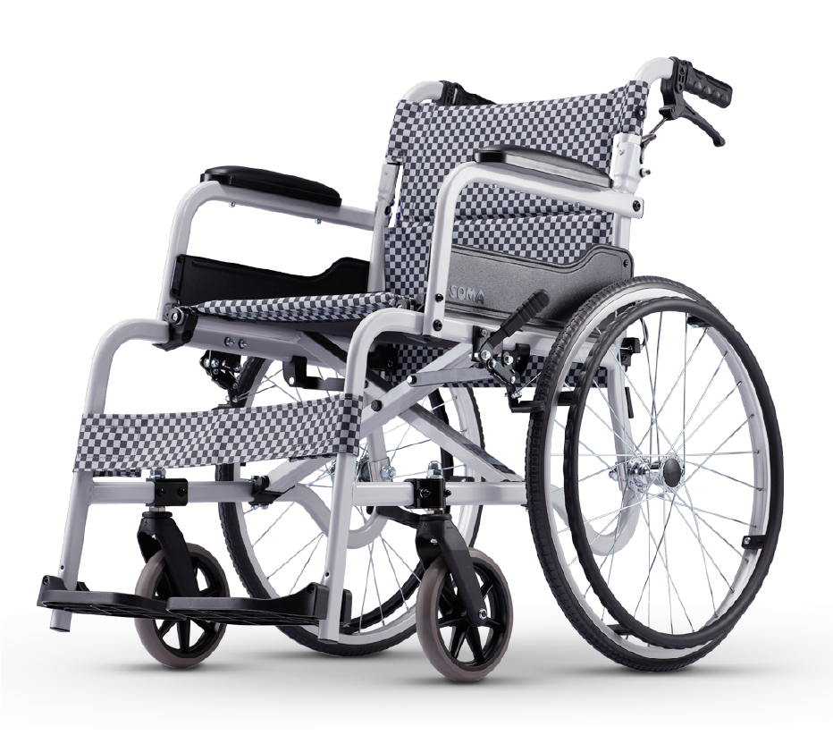 รถเข็นอัลลอยด์ SOMA SM-150.5 F16 ล้อแม็คเล็ก (18) เบาะผ้าเทา-ดำ พับคอได้ มีเบรคมือ - Phartech Online
